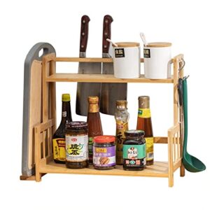 shuoxiang kitchen spice racks, bamboo countertop storage organizer jars bottle sauce seasoning rack holder, 2 tier standing step shelf, includes knife, cutlery, chopping board storage, plus 2 hooks