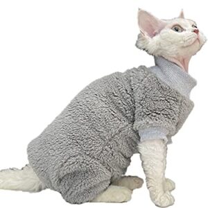 WQCXYHW Sphynx Hairless Cat Clothes Winter Soft Faux Fur Four Leg Jumpsuit Outfit High Collar Pullover Comfortable Pajamas Cat Apparel Pet Clothes (XXL(11-15lbs), Gray)