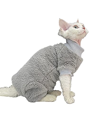 WQCXYHW Sphynx Hairless Cat Clothes Winter Soft Faux Fur Four Leg Jumpsuit Outfit High Collar Pullover Comfortable Pajamas Cat Apparel Pet Clothes (XXL(11-15lbs), Gray)