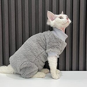 WQCXYHW Sphynx Hairless Cat Clothes Winter Soft Faux Fur Four Leg Jumpsuit Outfit High Collar Pullover Comfortable Pajamas Cat Apparel Pet Clothes (XXL(11-15lbs), Gray)