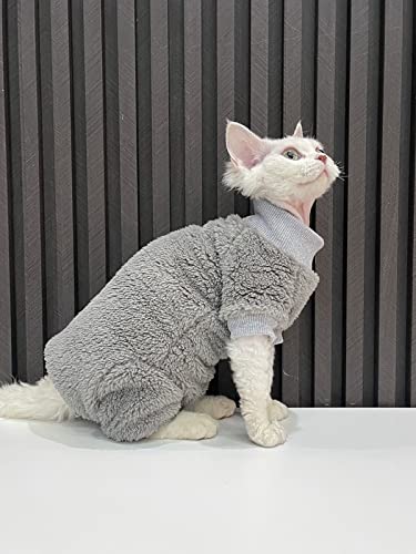 WQCXYHW Sphynx Hairless Cat Clothes Winter Soft Faux Fur Four Leg Jumpsuit Outfit High Collar Pullover Comfortable Pajamas Cat Apparel Pet Clothes (XXL(11-15lbs), Gray)