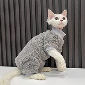 WQCXYHW Sphynx Hairless Cat Clothes Winter Soft Faux Fur Four Leg Jumpsuit Outfit High Collar Pullover Comfortable Pajamas Cat Apparel Pet Clothes (XXL(11-15lbs), Gray)