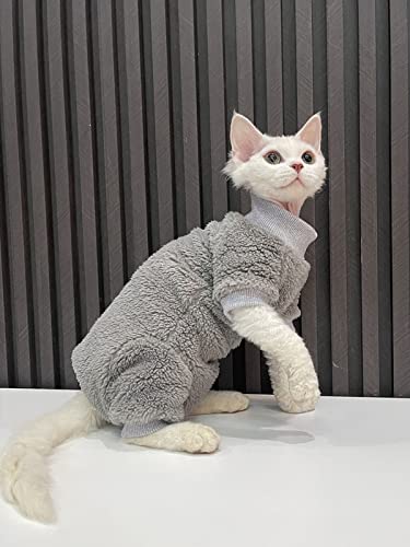 WQCXYHW Sphynx Hairless Cat Clothes Winter Soft Faux Fur Four Leg Jumpsuit Outfit High Collar Pullover Comfortable Pajamas Cat Apparel Pet Clothes (XXL(11-15lbs), Gray)