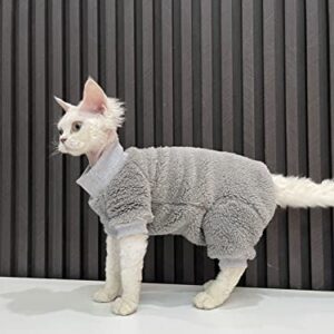 WQCXYHW Sphynx Hairless Cat Clothes Winter Soft Faux Fur Four Leg Jumpsuit Outfit High Collar Pullover Comfortable Pajamas Cat Apparel Pet Clothes (XXL(11-15lbs), Gray)