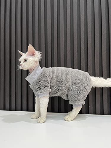 WQCXYHW Sphynx Hairless Cat Clothes Winter Soft Faux Fur Four Leg Jumpsuit Outfit High Collar Pullover Comfortable Pajamas Cat Apparel Pet Clothes (XXL(11-15lbs), Gray)