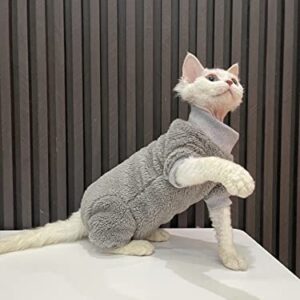 WQCXYHW Sphynx Hairless Cat Clothes Winter Soft Faux Fur Four Leg Jumpsuit Outfit High Collar Pullover Comfortable Pajamas Cat Apparel Pet Clothes (XXL(11-15lbs), Gray)