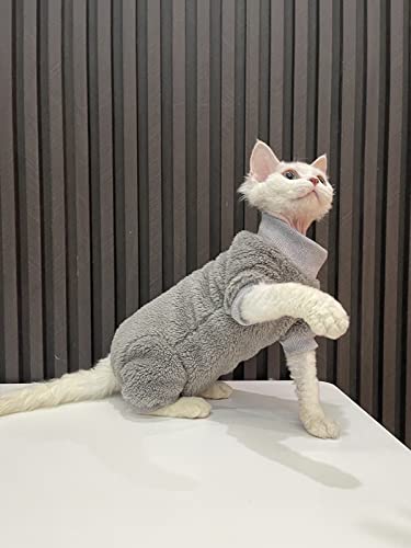 WQCXYHW Sphynx Hairless Cat Clothes Winter Soft Faux Fur Four Leg Jumpsuit Outfit High Collar Pullover Comfortable Pajamas Cat Apparel Pet Clothes (XXL(11-15lbs), Gray)