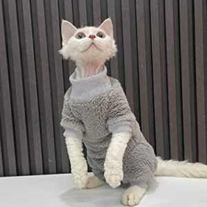 WQCXYHW Sphynx Hairless Cat Clothes Winter Soft Faux Fur Four Leg Jumpsuit Outfit High Collar Pullover Comfortable Pajamas Cat Apparel Pet Clothes (XXL(11-15lbs), Gray)