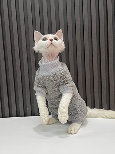 WQCXYHW Sphynx Hairless Cat Clothes Winter Soft Faux Fur Four Leg Jumpsuit Outfit High Collar Pullover Comfortable Pajamas Cat Apparel Pet Clothes (XXL(11-15lbs), Gray)