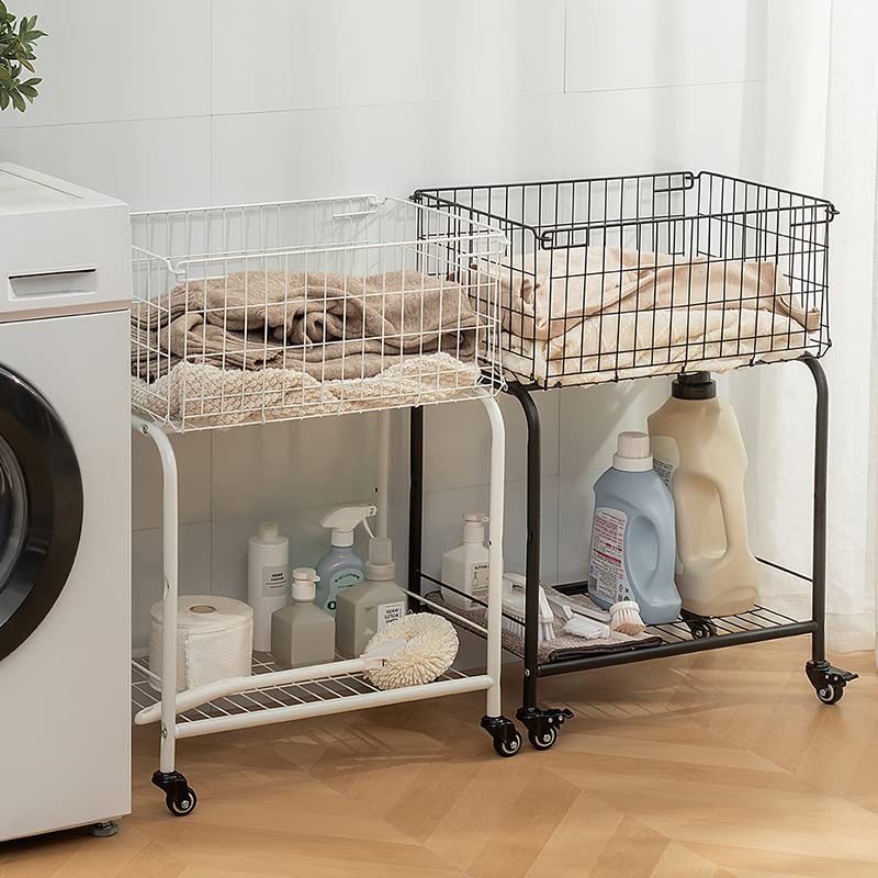 basket for garments storage, easy moved with wheels have brake, Laundry basket, white color，rolling basket (BLACK)