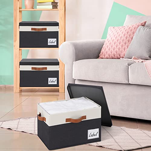 GhvyenntteS Large Storage Bins with Lids (3-Pack), Storage Baskets with Lid and Label Window, Foldable Fabric Storage Boxes with 3 Handles for Home Office College Dorms (Black, 15" x 11" x 9.7")