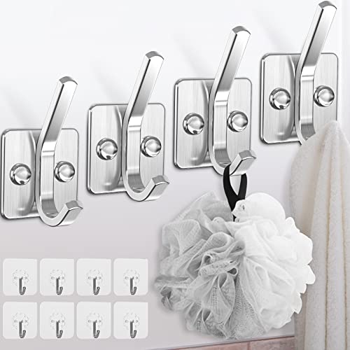 Wall Hooks 4 Pack , Heavy Duty Wall Hooks Aluminum Hooks for Hanging Coat, Hat, Towel, Robe, Key, Clothes, Towel Hook Wall Mount for Home, Office, Kitchen, Bathroom (w 8 Additional Sticky Hooks)