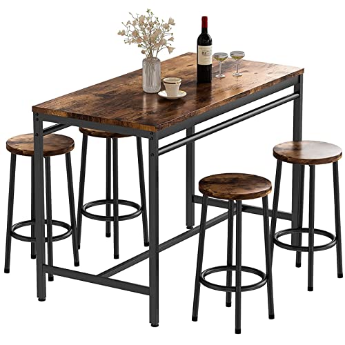 Recaceik Dining Table Sets for 4 Bar Table and Chairs Set Industrial Outdoor Table w/ 4 Stools for Home, Farmhouse, Restaurant, Cafe, Kitchen, Dining Room, Breakfast Nook, Small Space