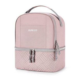 sunlug large lunch bag for women insulated lunch box double deck lunch tote reusable pink lunchbox for office work picnic 13.5l