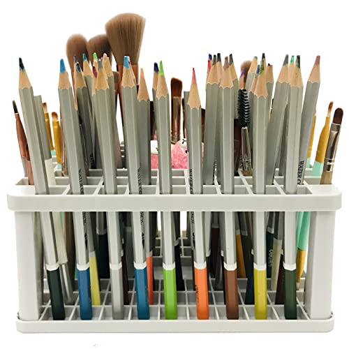 Pen Holder for Desk Rectangle 72 Holes Plastic Makeup & Painting Brush Holders Crate Organizer for Pencil, Paintbrush, Cosmetic Brushes Grey