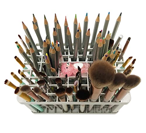 Pen Holder for Desk Rectangle 72 Holes Plastic Makeup & Painting Brush Holders Crate Organizer for Pencil, Paintbrush, Cosmetic Brushes Grey