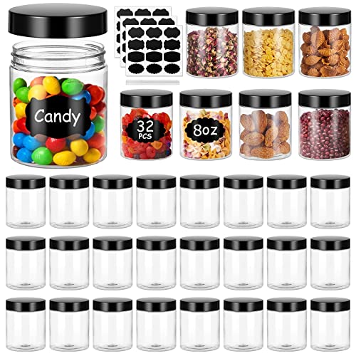 8 OZ Plastic Jars with Lids,(Crazystorey)32 Pack Clear Plastic Slime Containers for Kitchen and Household Food Storage of Dry Goods, Creams and More Included Extra Label and A Pen