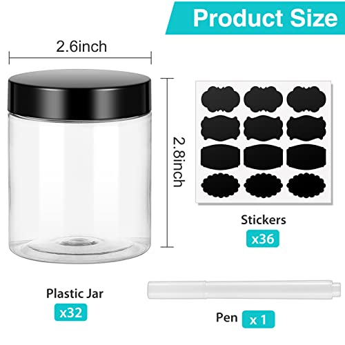 8 OZ Plastic Jars with Lids,(Crazystorey)32 Pack Clear Plastic Slime Containers for Kitchen and Household Food Storage of Dry Goods, Creams and More Included Extra Label and A Pen