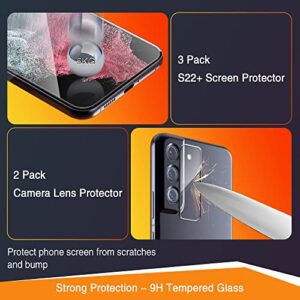 [3+2 Pack] Screen Protector for Samsung Galaxy S22 Plus/S22+Plus 5G, Tempered Glass Galaxy S22 Plus Screen Protector + 2 Pack Camera Lens Protector -[Fingerprint Unlock][Easy Installation Frame]