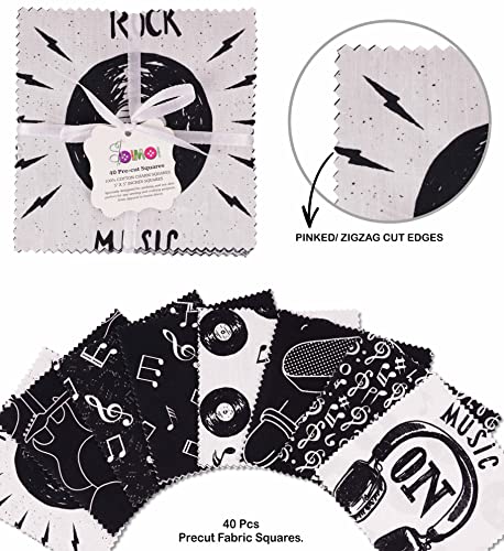 Soimoi Rock Music Print Precut 5-inch Cotton Fabric Quilting Squares Charm Pack DIY Patchwork Sewing Craft- White & Black