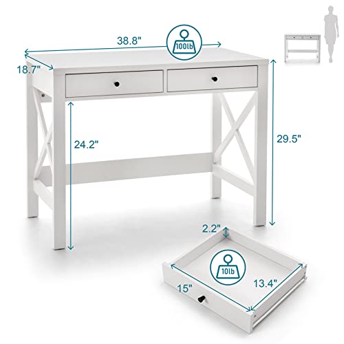 VredHom White Office Computer Desk with Drawers - Small Writing Desk, 39 Inch for Home and Office Use - Organize Your Workspace with Style.