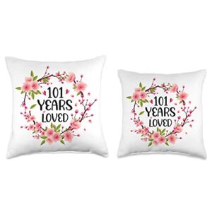 101 Years Old Birthday Gifts for Women and Men Floral Old 101st Birthday Women 101 Years Loved Throw Pillow, 16x16, Multicolor