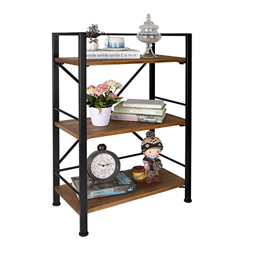 Crofy Rustic Bookshelf, 3 Tier Real Wood Bookshelf, Metal Book Shelf for Storage, Bookcase for Office Organization and Storage, 12.6 D x 23.62 W x 36.61 H Inches, Black