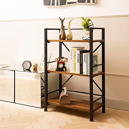 Crofy Rustic Bookshelf, 3 Tier Real Wood Bookshelf, Metal Book Shelf for Storage, Bookcase for Office Organization and Storage, 12.6 D x 23.62 W x 36.61 H Inches, Black