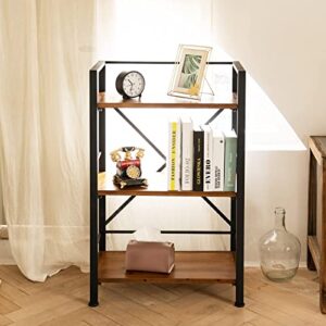 Crofy Rustic Bookshelf, 3 Tier Real Wood Bookshelf, Metal Book Shelf for Storage, Bookcase for Office Organization and Storage, 12.6 D x 23.62 W x 36.61 H Inches, Black