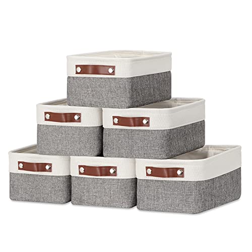 DULLEMELO Small Storage Baskets 6 Pack, Fabric Collapsible Gift Storage Baskets for Shelves, Closets, Nursery, Home, Office Organizing,Small Canvas Linen Rectangular Storage Bins (6-Pack, White&Grey)