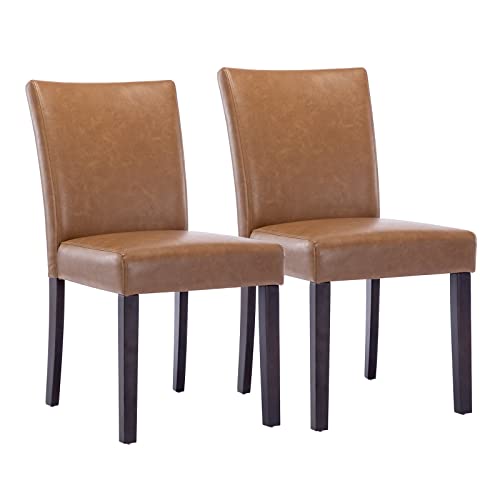 Watson & Whitely Upholstered Kitchen & Dining Room Chairs with Low Back, Faux Leather Armless Dining Chairs with Solid Wood Legs, Set of 2, Saddle Brown