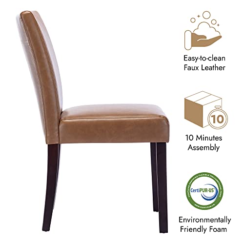 Watson & Whitely Upholstered Kitchen & Dining Room Chairs with Low Back, Faux Leather Armless Dining Chairs with Solid Wood Legs, Set of 2, Saddle Brown