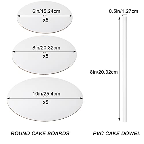 39 Pieces Cake Boards and Plastic Dowels, Cake Boards Kit, Cake Stand, 15 Cardboard Cake Boards Bases, 24 Plastic Cake Drum for Tiered Cakes for Wedding Birthday Party (White)