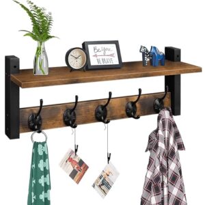 homode wall hooks with shelf, wood coat rack with shelf wall-mounted, entryway hanging shelf with 5 metal hooks for clothes hats towel purse robes, bathroom mudroom bedroom, rustic brown black