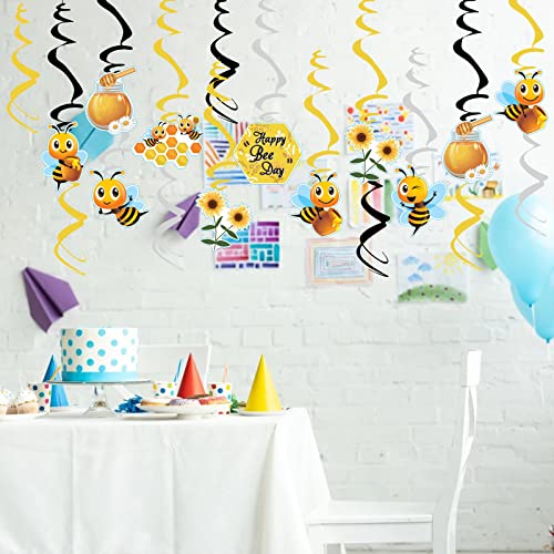 UOMNICUE Bee Hanging Swirl Decorations,30 PCS Double Sided Bumble Bee Swirls Foil Ceiling Streamers Honey Bee Theme Party Supplies for Kids Birthday Baby Shower Bee Day Spring Summer Party Decoration