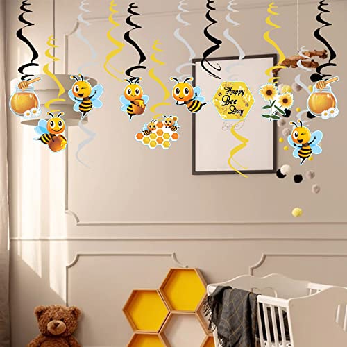 UOMNICUE Bee Hanging Swirl Decorations,30 PCS Double Sided Bumble Bee Swirls Foil Ceiling Streamers Honey Bee Theme Party Supplies for Kids Birthday Baby Shower Bee Day Spring Summer Party Decoration