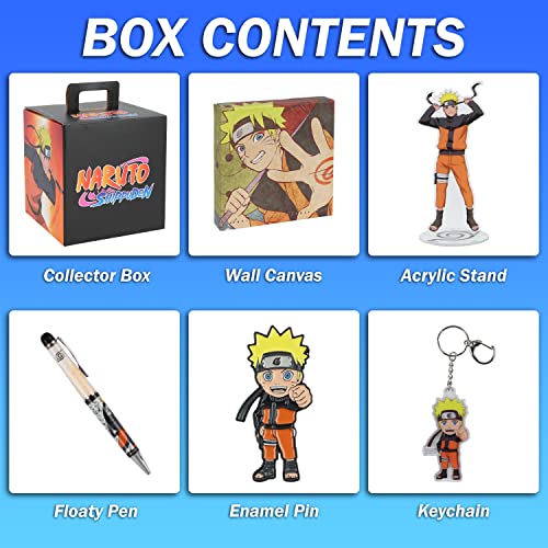 JUST FUNKY Naruto Shippuden Naruto Uzumaki Looksee Collector Box | 5 Official Naruto Collectibles | Includes Wall Canvas, Enamel Pin, Keychain, Acrylic Stand, and Floaty Pen | Collect Them All