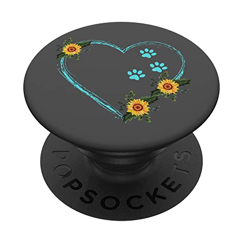 Blue Colorful Dog Paw Prints With Sunflower Heart On Gray PopSockets Swappable PopGrip