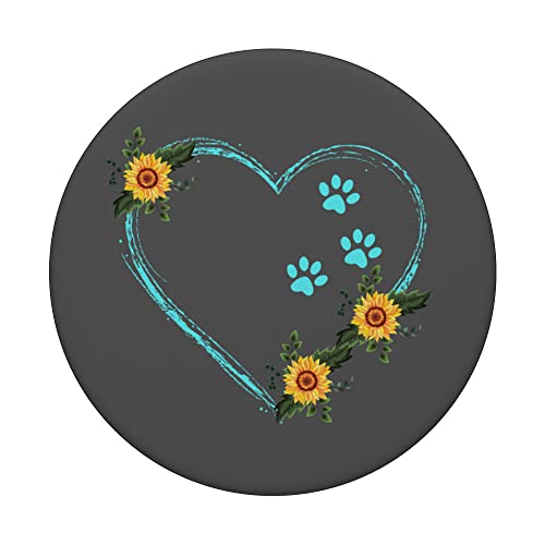 Blue Colorful Dog Paw Prints With Sunflower Heart On Gray PopSockets Swappable PopGrip