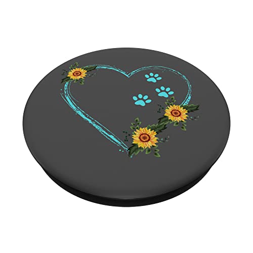 Blue Colorful Dog Paw Prints With Sunflower Heart On Gray PopSockets Swappable PopGrip