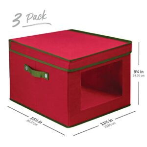 ZOBER Holiday Accessory and Decor Storage Box 3-pack with Decorative Trim, Holiday Storage Solution, Red