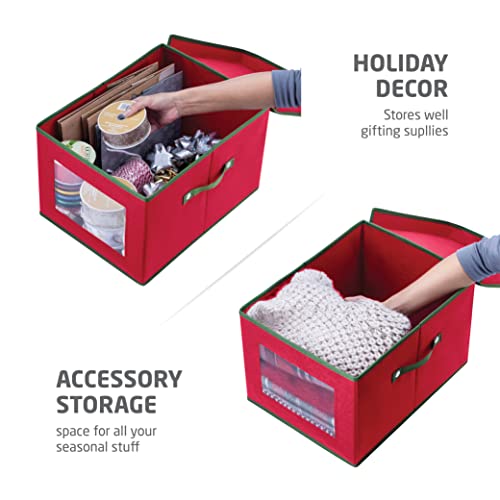 ZOBER Holiday Accessory and Decor Storage Box 3-pack with Decorative Trim, Holiday Storage Solution, Red