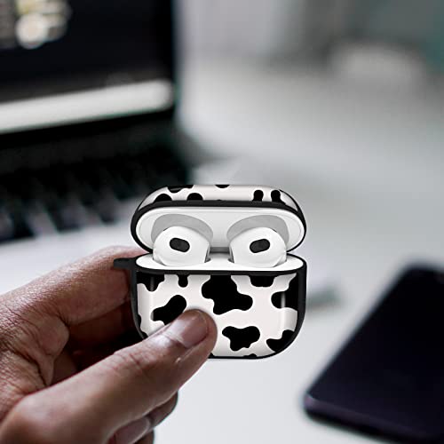 Naiadiy AirPods 3 (2021) Case Cover with Keychain, PU Leather Edge Bumper with Cute Black Cow Print Pattern Design, Full Body Protective Case Cover for Apple AirPods 3rd Generation Charging Case