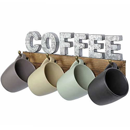 MyGift Wall Mounted Rustic Burnt Wood Coffee Mug Rack with 4 Dual Hooks and Galvanized Silver Metal Coffee Cutout Design, Wall Hanging Cup Holder