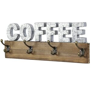 MyGift Wall Mounted Rustic Burnt Wood Coffee Mug Rack with 4 Dual Hooks and Galvanized Silver Metal Coffee Cutout Design, Wall Hanging Cup Holder