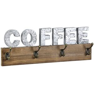 MyGift Wall Mounted Rustic Burnt Wood Coffee Mug Rack with 4 Dual Hooks and Galvanized Silver Metal Coffee Cutout Design, Wall Hanging Cup Holder