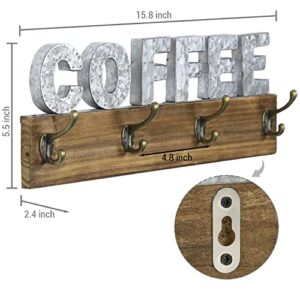 MyGift Wall Mounted Rustic Burnt Wood Coffee Mug Rack with 4 Dual Hooks and Galvanized Silver Metal Coffee Cutout Design, Wall Hanging Cup Holder