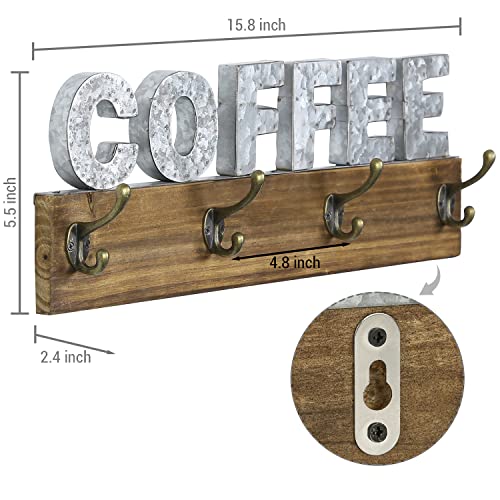 MyGift Wall Mounted Rustic Burnt Wood Coffee Mug Rack with 4 Dual Hooks and Galvanized Silver Metal Coffee Cutout Design, Wall Hanging Cup Holder