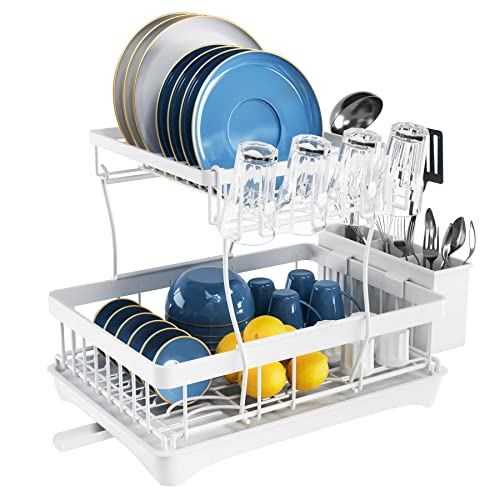 Dish Drying Rack, 2 Tier Dish Rack and Drainboard Set with Drainage, Rust-Proof 15.7" x 11.8" x 13.3" Dish Drainer with Removable Cup Holder, Utensil Holder for Kitchen Counter (White)