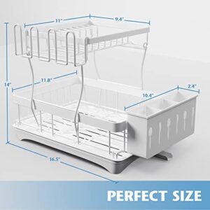 Dish Drying Rack, 2 Tier Dish Rack and Drainboard Set with Drainage, Rust-Proof 15.7" x 11.8" x 13.3" Dish Drainer with Removable Cup Holder, Utensil Holder for Kitchen Counter (White)